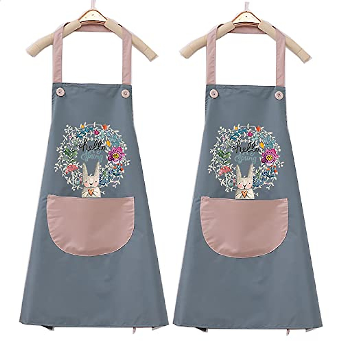 OBEKANN 2 Pack Kitchen Apron for women with Pockets, Unisex Cooking Chef Apron Waterproof, Aprons for Cooking Painting Housework Best Gift for Housewarming Holidays, Easter Bunny Wreath Blue