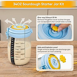 Sourdough Starter Kit, JAOBHAHY 35 OZ Sourdough Starter Jar with Lids, Reusable Sourdough Jar with Thermometer, Silicone Scraper, Cloth Cover and Bread Lame(1-Pack)