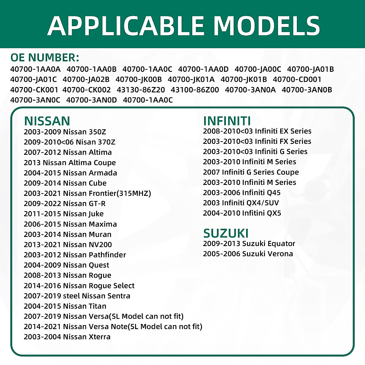 TPMS Sensor,315MHz Tire Pressure Monitor System 4-Pack for Nissan| Infiniti| Suzuki Replace# 407001AA0B 40700CD001 40700JK01A 0700JA01B