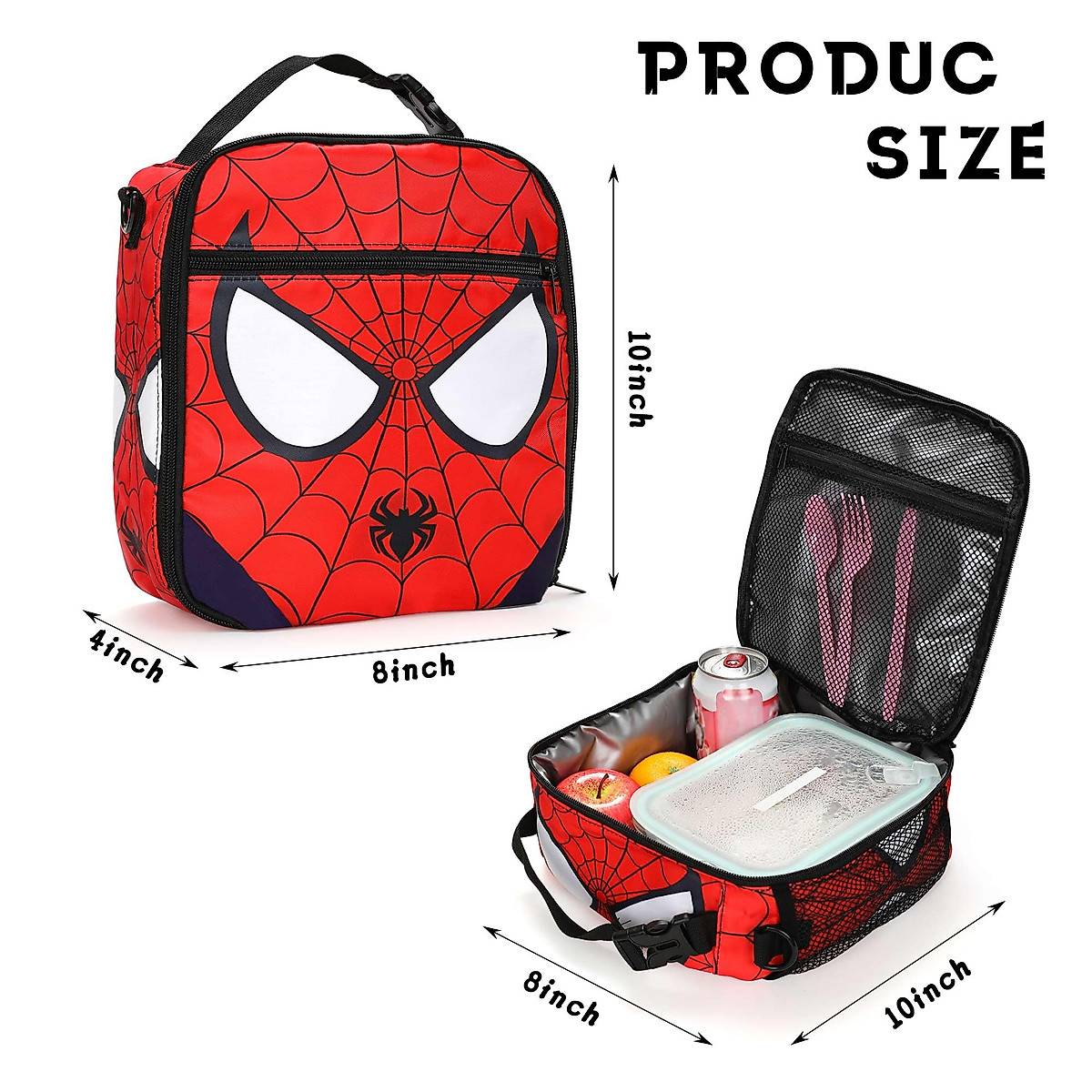Yeeqoux Spider Lunch Bag with Stickers - 10 Inch Cartoon Superhero Insulated Lunchbox Stickers Large Capacity Waterproof Reusable Lunch Bag Back to School Birthday Gifts for Kids Boys Girls Adults