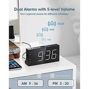 Loud Alarm Clock with Bed Shaker for Heavy Sleeper, Dual Vibrating Alarm Clock with USB Charger for Hearing-impaired Deaf, 7.5’’ Large LED Display with Dimmer, Snooze, 12/24H & Battery Backup