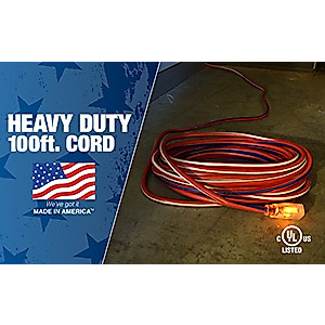 Southwire 2549SWUSA1 100-Feet; Contractor Grade; 12/3 Extension Cord; With Lighted End; Red White And Blue; American Made Extension Cord; Indoor and Outdoor Use; Water Resistant Flexible Jacket