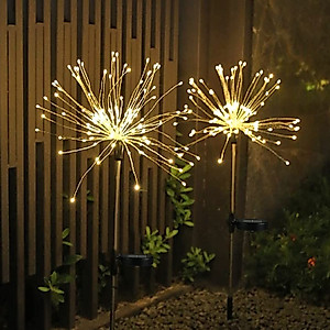 2 Pack Solar Garden Lights, 120 LED Solar Firework Lights Outdoor, Decorative Stake String Lights for Walkway Backyard Pathway Patio Christmas Wedding Party (2, Warm White)