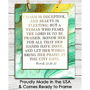 Charm is Deceptive and Beauty is… Proverbs 31:30-31 - Inspirational Bible Verses, Christian Scripture Positive Quotes, Religious Bible Verse Wall Art Decor For Home & Office | Unframed Posters 8x10"