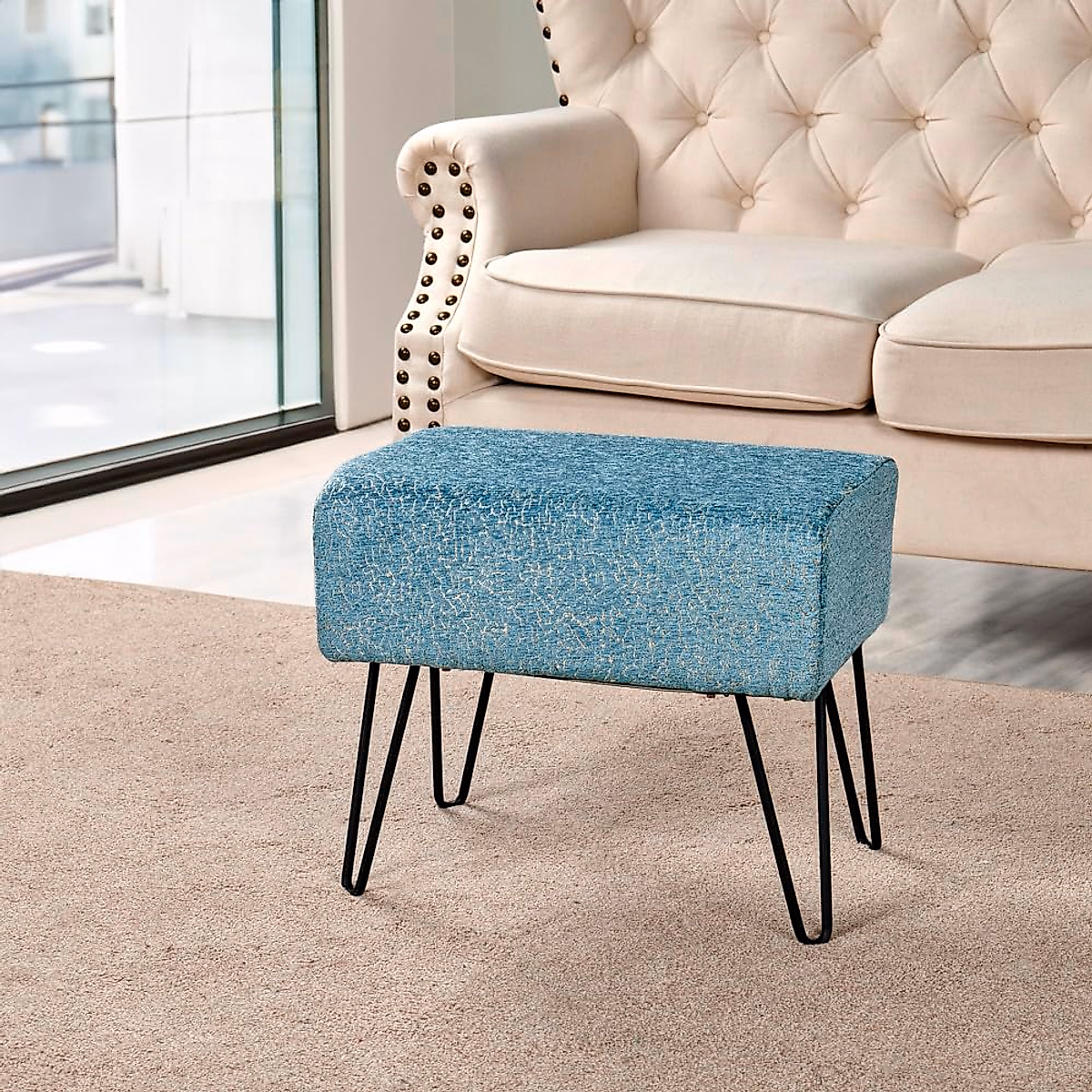 Home Soft Things Blue Jacquard Chenille Ottoman, 19" x 13" x 17" H, Babati-Turquoise, Fuzzy Entry Way Ottoman Bench Living Room Bedroom End of Bed Decorative Makeup Stool Foot Rest Chair Home Décor