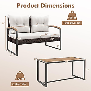 Tangkula 2 Pieces Patio Wicker Furniture Set, Heavy Duty Outdoor Cushioned Loveseat with Acacia Wood Coffee Table, for Backyard, Balcony, Deck and Poolside (Off White)