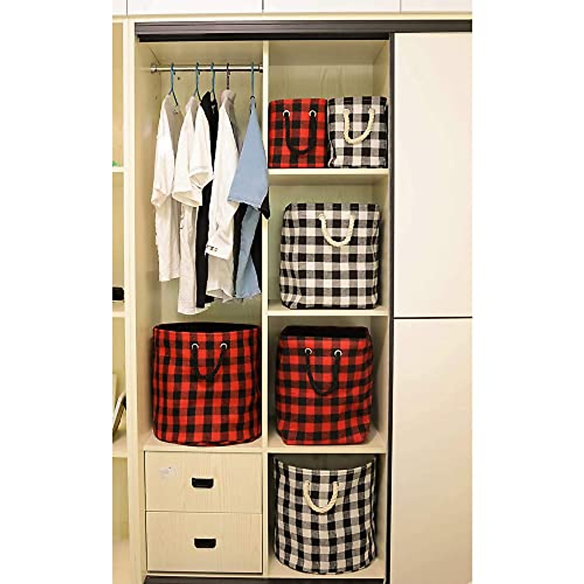 Round Collapsible Storage Organizer Bins Buffalo Checked Baskets with Woolen Fabric Kid's Pet's Toys and Accessory Storage Bins for Home Decor, White Black Grid, M