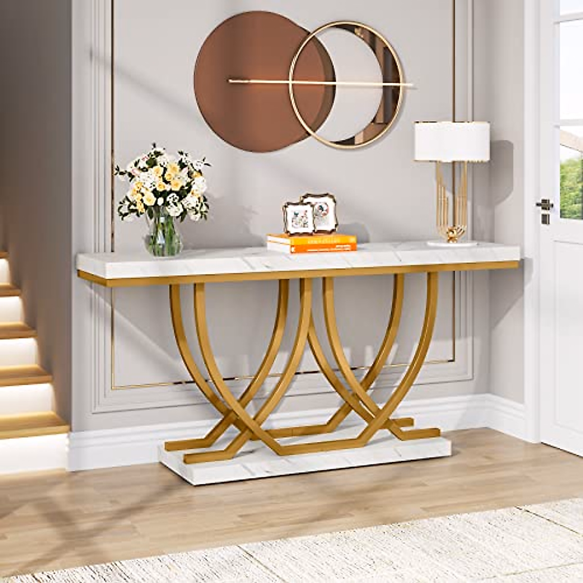 Tribesigns 59 Inch Modern Console Table, Faux Marble Entryway Table Gold Sofa Table Behind The Couch, Luxury Hallway Table Accent Table for Living Room, Entrance, Foyer, White and Gold