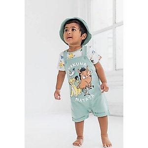 Disney Lion King Simba Timon Pumbaa Newborn Baby Boys French Terry Short Overalls T-Shirt & Hat 3 Piece Outfit 3-6 Months