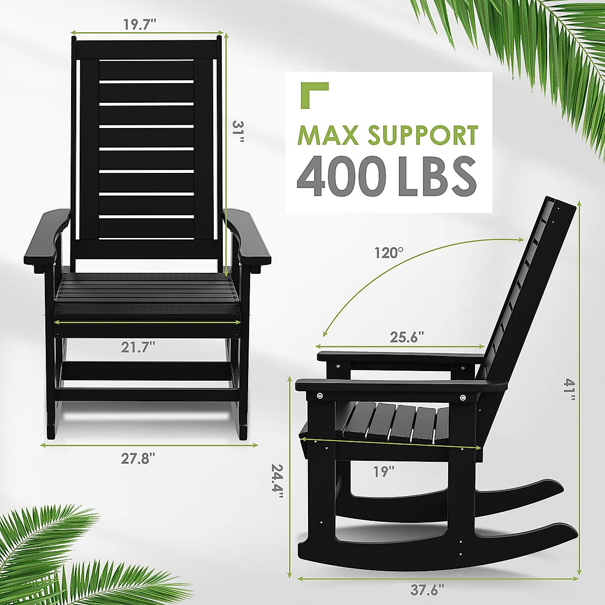 GREENVINES Outdoor Rocking Chairs | Set of 2 | Porch Rocker | HDPE Plastic | Black | Oversized Rockers | High Back | Big & Tall | Ladder Back | for Patio Outside Backyard Balcony Garden