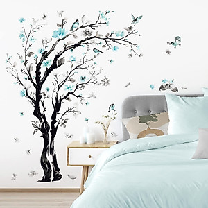 decalmile Large Watercolor Tree Wall Decals Blue Flower Branch Wall Stickers Living Room Bedroom Kitchen Wall Decor(H:63/48 Inches)