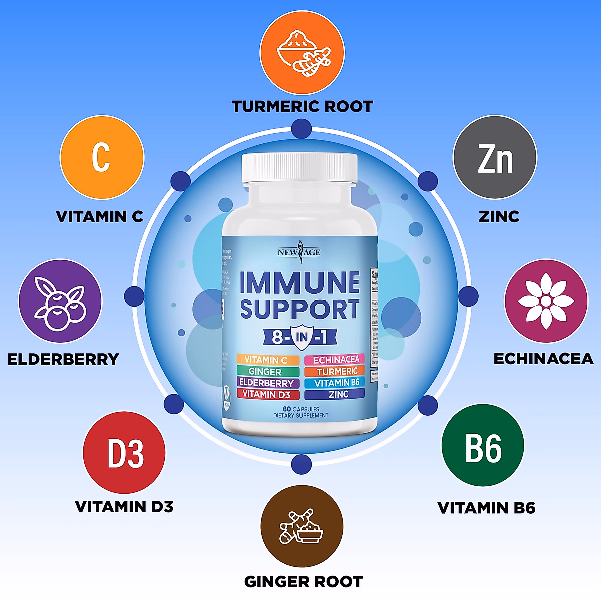 8 in 1 Immune Support Booster Supplement with Echinacea, Vitamin C and Zinc 50mg, Vitamin D 5000 IU, Turmeric Curcumin & Ginger, B6, Elderberry 120 Count (Pack of 2)