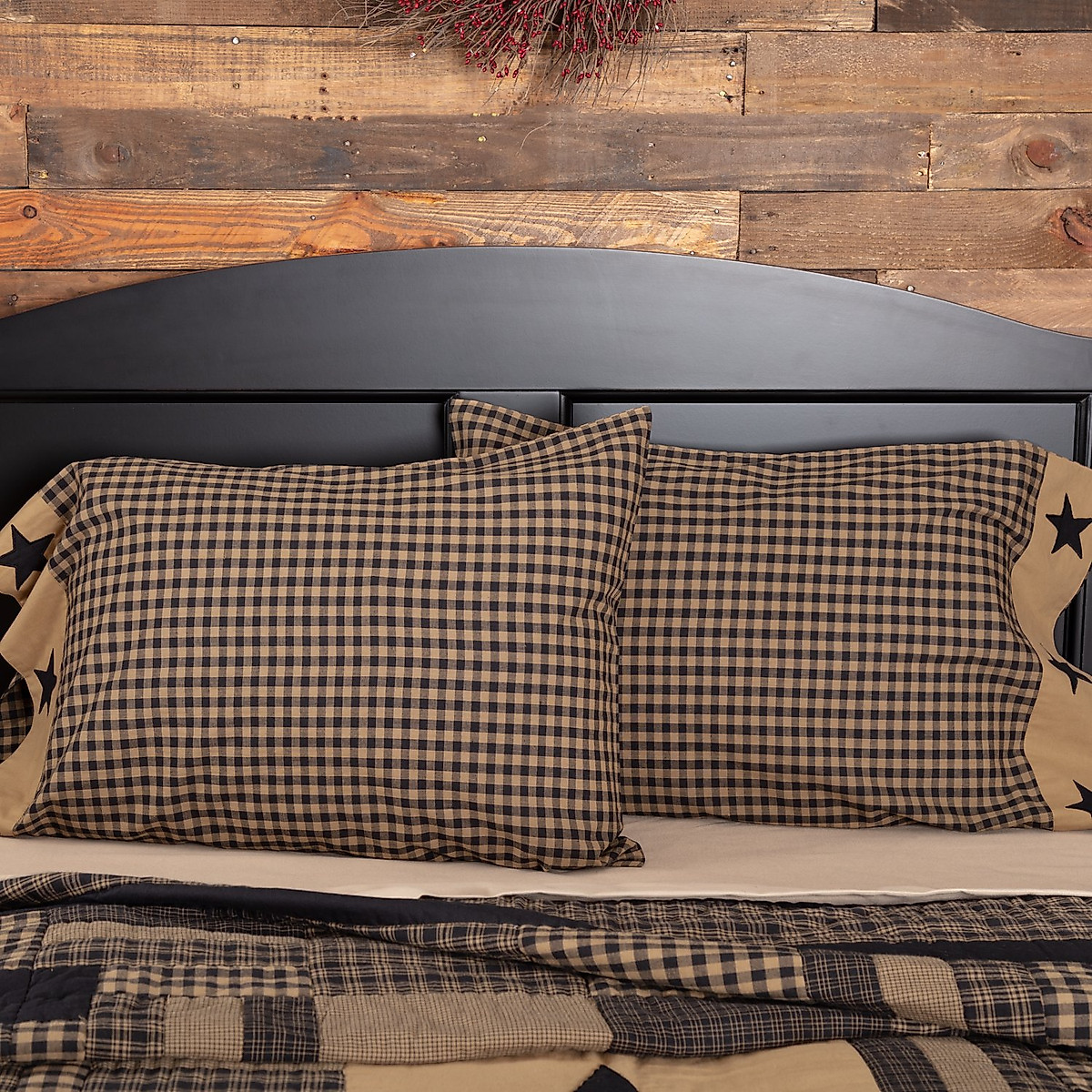 VHC Brands Black Check Star Cotton Primitive Bedding Appliqued Standard Pillow Case