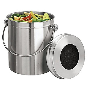 iDesign Basic Compost Bin with Charcoal Philtres, Stainless Steel Kitchen Food Waste Caddy, Silver