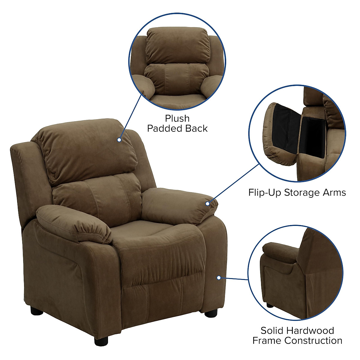 Flash Furniture Charlie Microfiber Kids Recliner with Flip-Up Storage Arms and Safety Recline, Contemporary Reclining Chair for Kids, Supports up to 90 lbs., Brown