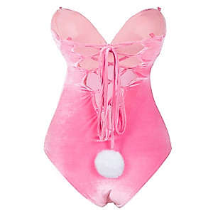 AiMiNa Anime Womens Bunny Costume Girl Suit Costume One Piece Bodysuit Halloween Cosplay Catsuit Bunny Headband Stockings Set(Pink S)