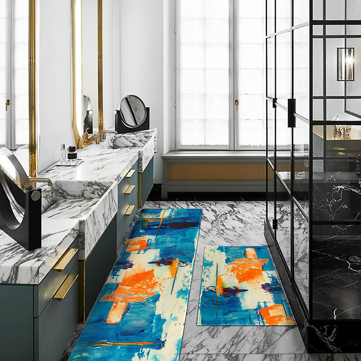Fuoxowk Turquoise Teal Modern Abstract Kitchen Rug Set,Blue Orange Artistic Painting Decorative Runner Rugs with Rubber Backing,Throw Rugs Washable for Kitchen Sink,Laundry Room,Standing Desk,Boho