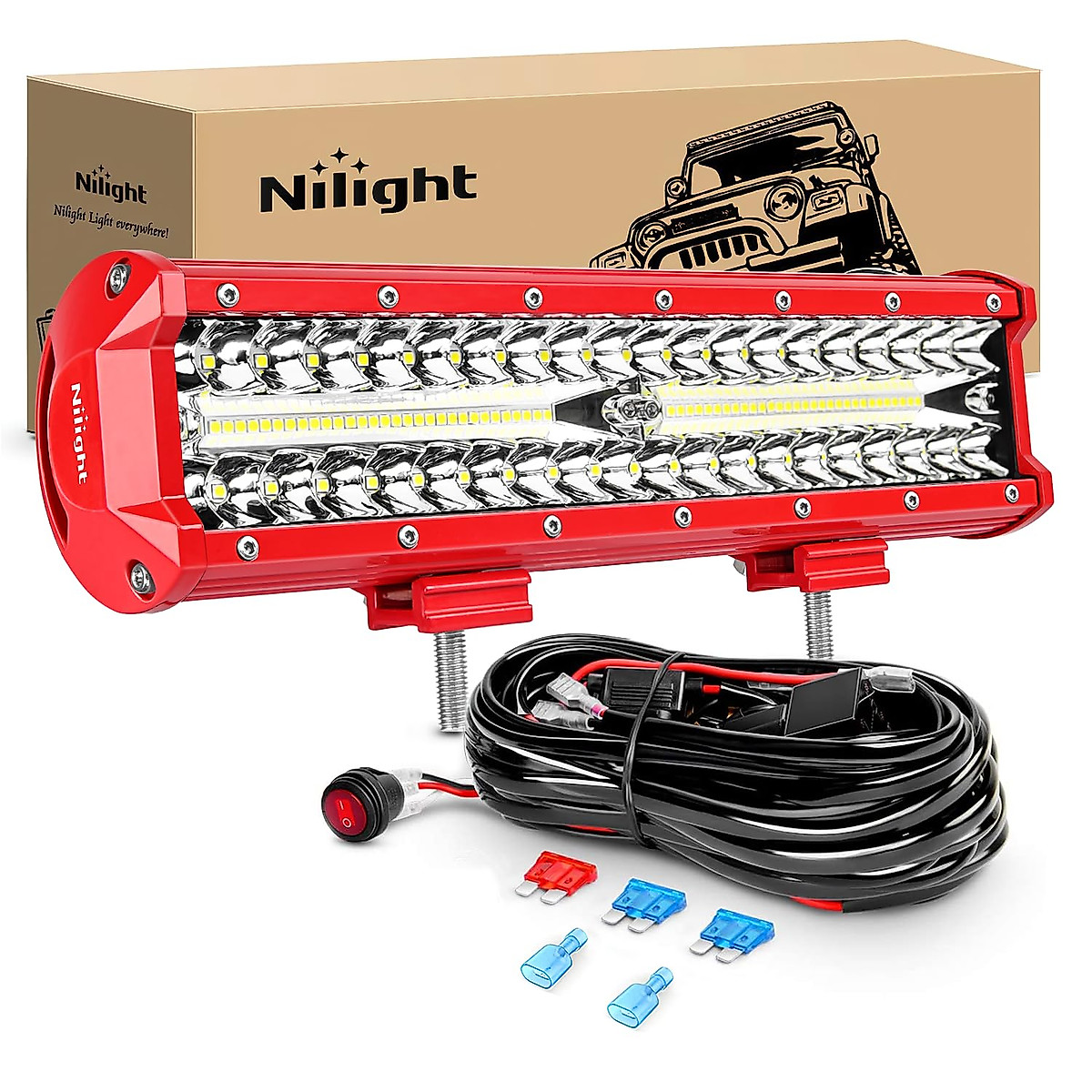 Nilight LED Light Bar 12 Inch Triple Row Spot Flood Combo Lights with Wiring Harness Kit for Fog Driving Work Lighting on Off-Road Truck SUV ATV UTV