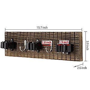 MyGift Wall Mounted Rustic Solid Burnt Wood Mop and Broom Holder Rack with Roller Clips and Vintage Brass Metal Hooks, Utility Room Organizer Storage Cleaning Tool Rack