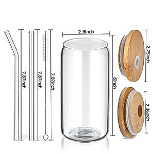 Volpeblu 6 Pack Glass Cups with Lids and Straws, 16 oz Iced Coffee Cup Glass Coffee Cups Drinking Glasses with Bamboo Lids & Glass Straw Beer Drinking Glasses Cute Tumbler for Cocktail, Soda, Water
