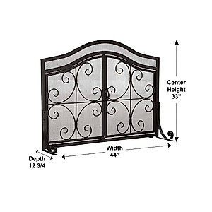 Plow & Hearth Metal Fireplace Screen Crest Arch Black | 44" W x 33" H | 2 - Door | Spark Guard Indoor Grate | Iron Fire Place Cover | Wood Burning Stove Decorative Accessories