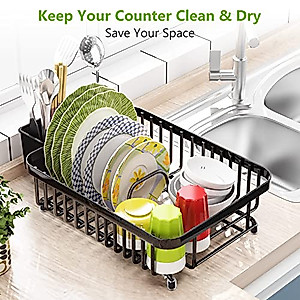 1Easylife Dish Drying Rack with Anti Rust Frame, Small Dish Drainer Rack for Kitchen Counter, Sink Dish Rack on Counter with Utensil Holder and Non-Slip Rubber Feet Rustproof for Organizer Storage