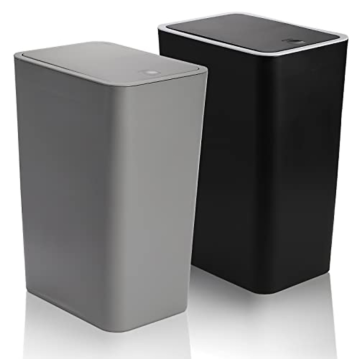 Fasmov Trash Can, 2 Pack 15 Liter / 4 Gallon Plastic Garbage Container Bin with Press Top Lid, Waste Basket for Kitchen, Bathroom, Living Room, Office, Narrow Place (Gray + Black)