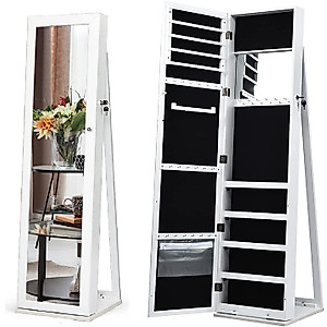 COSTWAY Standing Jewelry Cabinet, Large Capacity Jewelry Organizer w/Full-Length Mirror & Rear Storage Shelves, Lockable Mirror Jewelry Armoire with Keys for Girls Women (White)