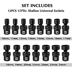 EMENTOL 15PCS 1/2" Drive Shallow Universal Impact Socket Set, 6 Point, Metric, CR-MO, Swivel Standard Impact Socket Set, 10mm - 24mm