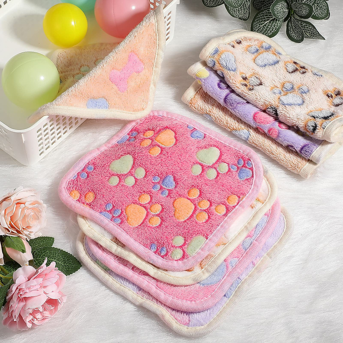 8 Pcs Small Animal Fleece Blanket Cage Liners Absorbent Guinea Pig Blanket Soft Guinea Pig Accessories Warm Pet Sleep Mat Paw Print Hamster Mat for Hamster Dog Rabbit Puppy Hedgehog (7.9 x 7.9 Inch)