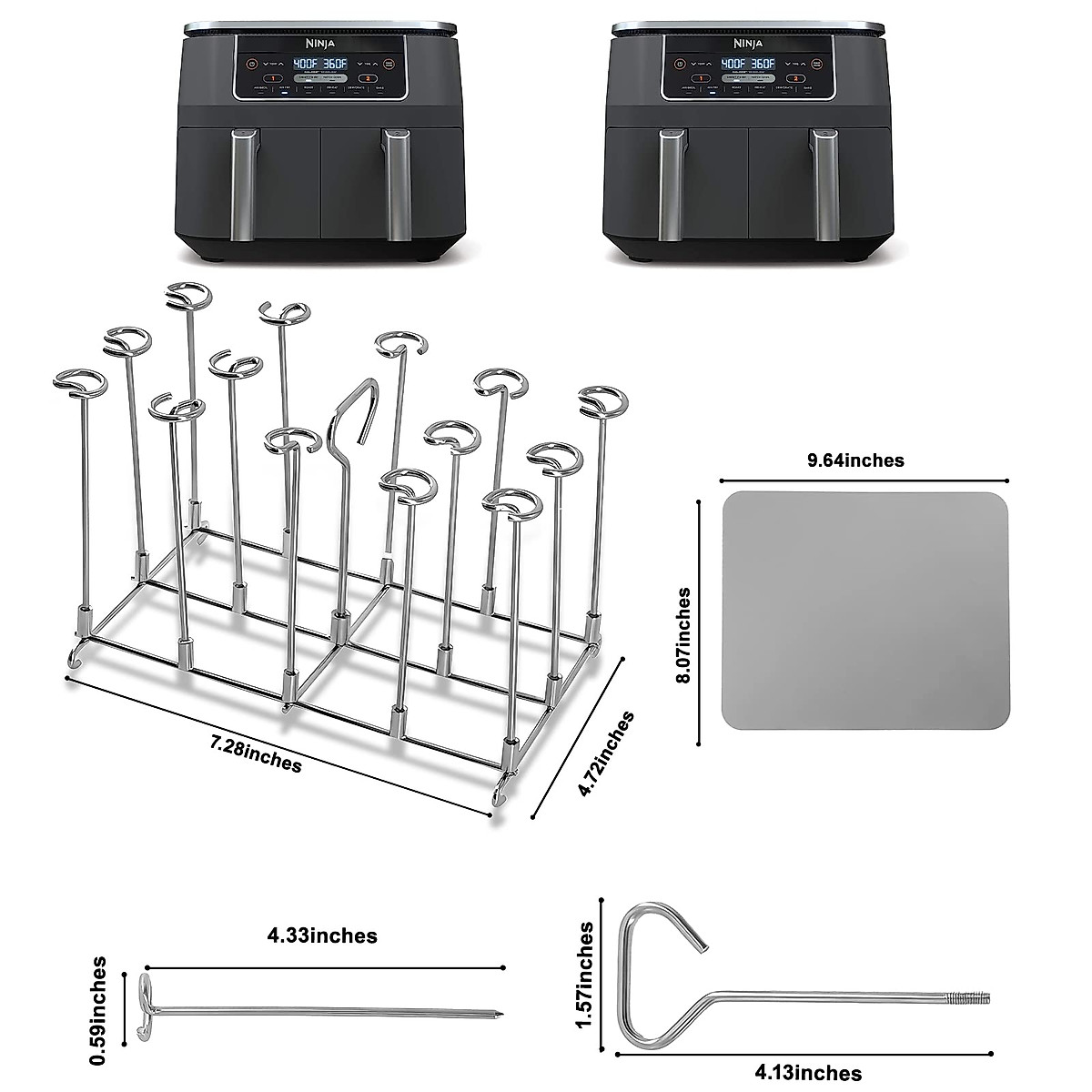 Air Fryer Skewer Stand Rack Compatible with Ninja Foodi Air Fryer DZ201, DZ401, Stainless Steel Skewers Rack Holder with Silicone Mat for 8 Qt Air Fryer Accessories, Skewer Accessory for Kabobs