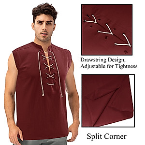 Viking Pirate Costume Men, Medieval Renaissance Shirt, Linen Gothic Victorian Vest, Sleeveless Steampunk Festival Tank Top, Plus Size Halloween Ren Faire Poet Cosplay Clothing(Red-2XL)