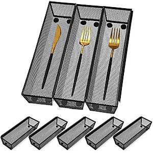 8 Pcs Silverware Drawer Organizer Metal Mesh Utensil Cutlery Tray for Kitchen Tray with Interlocking Arm Narrow Holder Flatware Spoon Knife Fork Pen 12 x 3 x 2 Inch Black