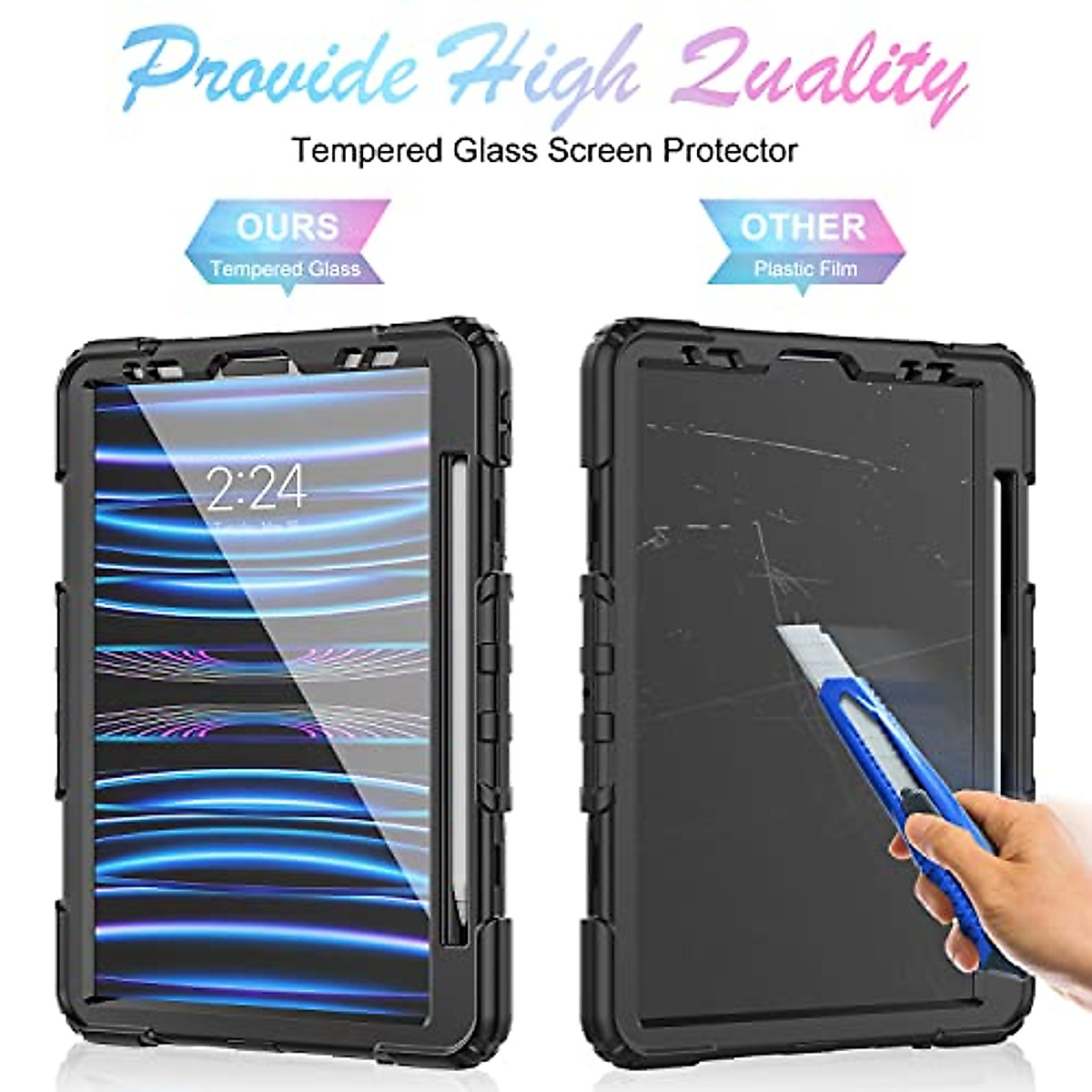 iPad Pro 11 Case, iPad Air 5th/4th Gen Case 2022/2020 with [Tempered Glass Screen Protector], [Kid Proof] BASE MALL Tablet Protective Case, Pencil Holder,Rotating Kickstand,Hand/Shoulder Strap (Black)