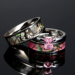 4pcs His Hers Camo Pink Radiant Stainless Steel Sterling Silver Wedding Ring Set (Size His 13, Hers 08)