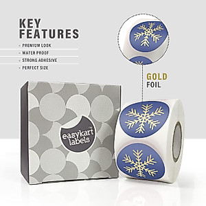 Easykart 500 Winter Snowflake Stickers in Roll, Blue with Gold foil Design Best for Christmas Party Supplies, Envelope Seals, Winter Decoration, Kids Activities, Kids Classroom Parties (1PACK)