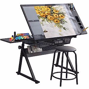 Lambgier Glass Craft Table Drawing Desk – Drafting Tables Hobby Table Writing Studio Art Artist Desk with Adjustable Tilted Tabletop (Black)