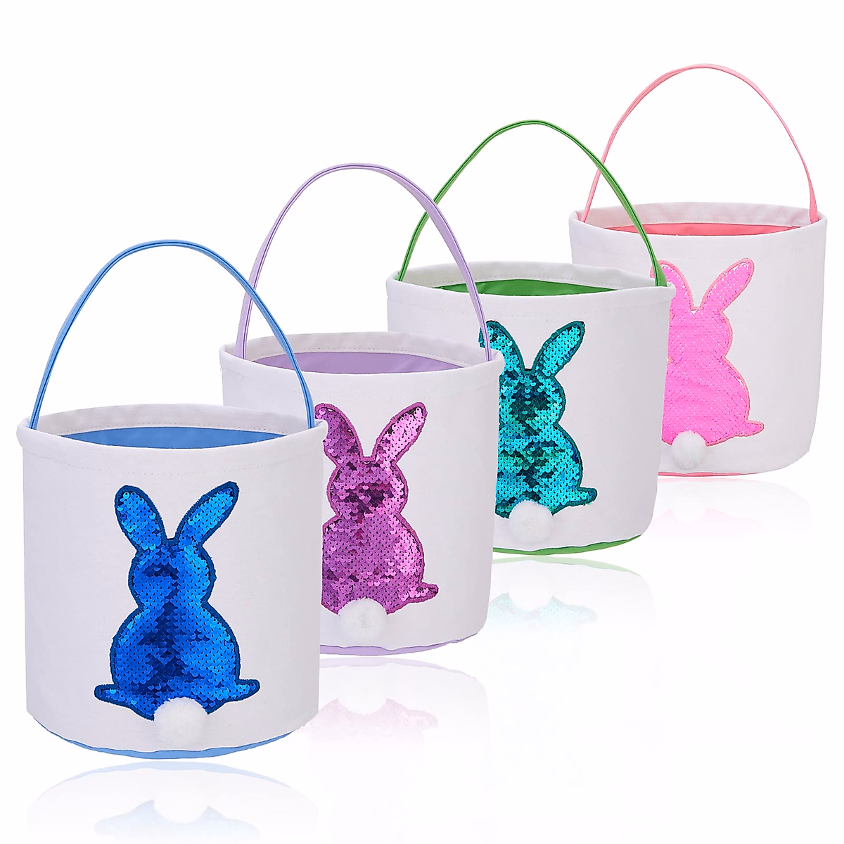 4 Pack Easter Bunny Basket Bags for Kids, Sequins Rabbit Canvas Eggs Hunt Baskets with Fluffy Tails, Tote Bag Candies Gifts Bucket for Easter Party - Blue, Purple, Pink and Green