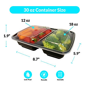 Reli. Meal Prep Containers, 30 oz. (50 Pack) - Black 2 Compartment Food Containers with Lids, Microwavable Food Storage Containers - Black Reusable Bento Box/Lunch Box Containers for Meal Prep (30 oz)