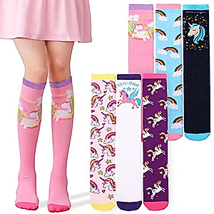 Kids Girls Knee High Socks Unicorn Gift Long Boot Crazy Silly Fun Animal Socks Tall Funny Colorful Stocking Stuffer Child Socks 6 Pairs (Animal Rainbow Unicorn)