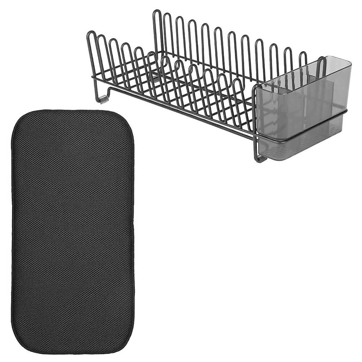 mDesign Compact Modern Metal Dish Drying Rack and Microfiber Mat Set for Kitchen Countertop, Sink - Drain and Dry Wine Glasses, Bowls and Dishes - Removable Cutlery Tray - Set of 2 - Black/Smoke Gray