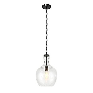 Henn&Hart 11" Wide Pendant with Glass Shade in Blackened Bronze/Seeded, Pendant, Flush Mount Ceiling Light Fixture for Kitchen, Living Room