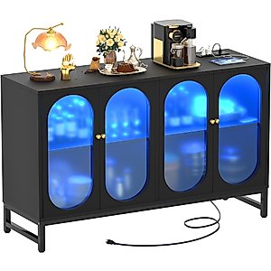 Aheaplus Sideboard Buffet Cabinet with Power Outlet, Kitchen Sideboard Storage Cabinet with LED Light, 4 Doors, Modern Accent Cabinet Coffee Bar Cabinet Console Table for Kitchen Dining Room, Black