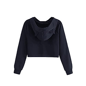 SweatyRocks Women's Long Sleeve Hoodie Crop Top Cat Print Sweatshirt Navy Blue S