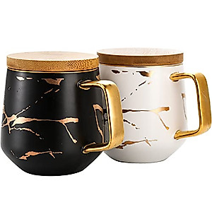 Peohud 2 Pack Porcelain Coffee Mugs Set, 14 OZ Marble Coffee Cups with Lid and Spoon, Large Tea Mugs for Latte, Cappuccino, Americano, Coffee Mugs for Couple, Novelty Engagement Gift