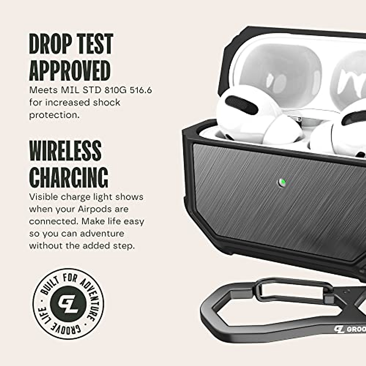 Black/Gun Metal Aluminum Groove Case by Groove Life - Airpod Pro Compatible Case with Carabiner, Charging Light Visible, Wireless Charging Compatible, Total Protection with Lifetime Coverage