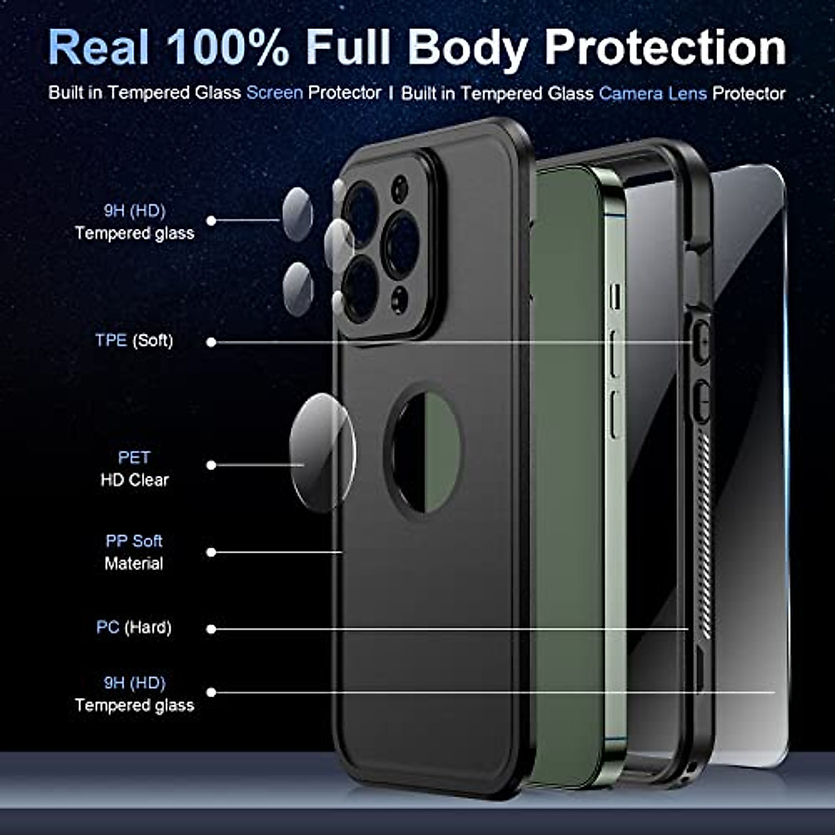 Temdan [Real 360 for iPhone 13 Pro Max Case Waterproof, Built-in 9H Tempered Glass Camera Lens & Screen Protector [Dustproof] [Dropproof][IP68 Underwater] Full-Body Shockproof Phone Case-Black