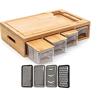 Chopping Board with Storage and Food Prep Station - Meal Prep Station, Bamboo Cutting Board with Juice Grooves, Four Containers & Assorted Graters