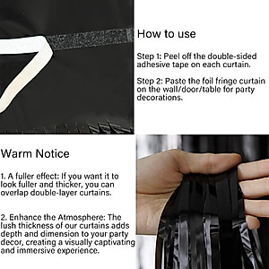 Black Foil Fringe Backdrop Curtains, 2 Pack of 3.28 ft x 8.28 ft Metallic Tinsel Foil Fringe Streamer Photo Booth Props Backdrop for New Year Halloween Birthday Wedding Party Decorations