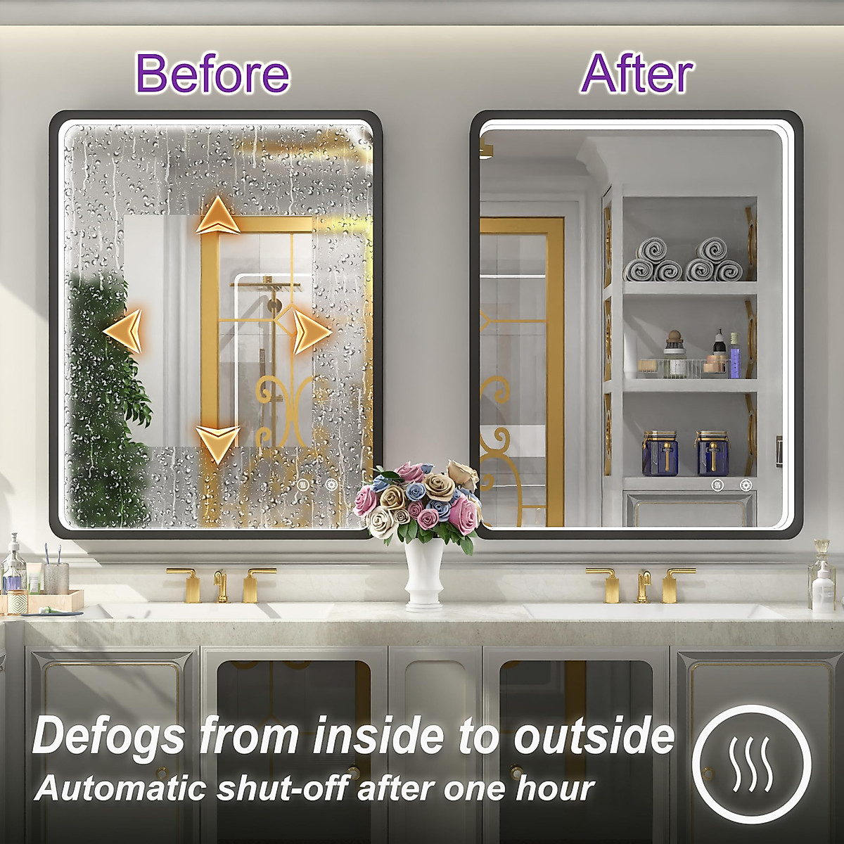 JSneijder 30x36 Inch Bathroom LED Mirror for Wall, Black Metal Frame Lighted Bathroom Mirrors, Wall Mounted Anti Fog Dimmable Bathroom Vanity Mirror with Lights(Horizontal/Vertical)